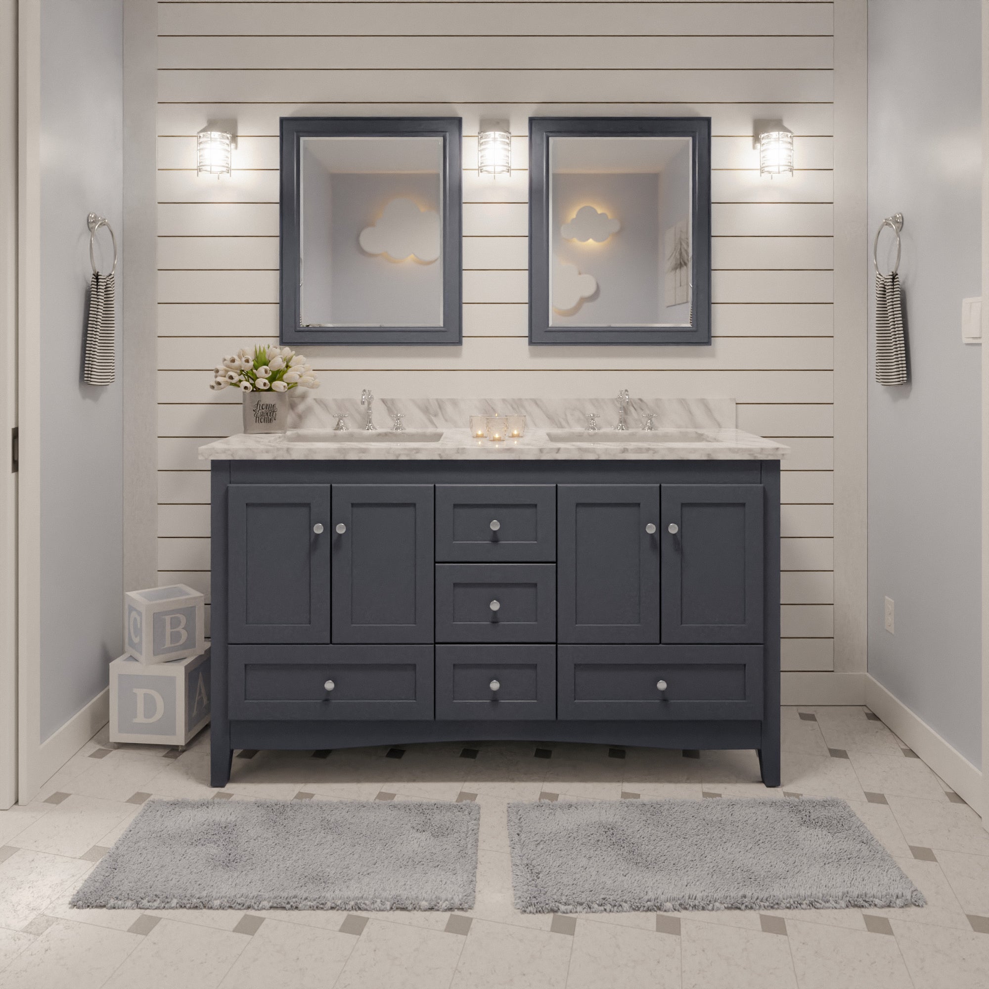 Abbey 60" Shaker Style Double Sink Bathroom Vanity Carrara Marble Top ...