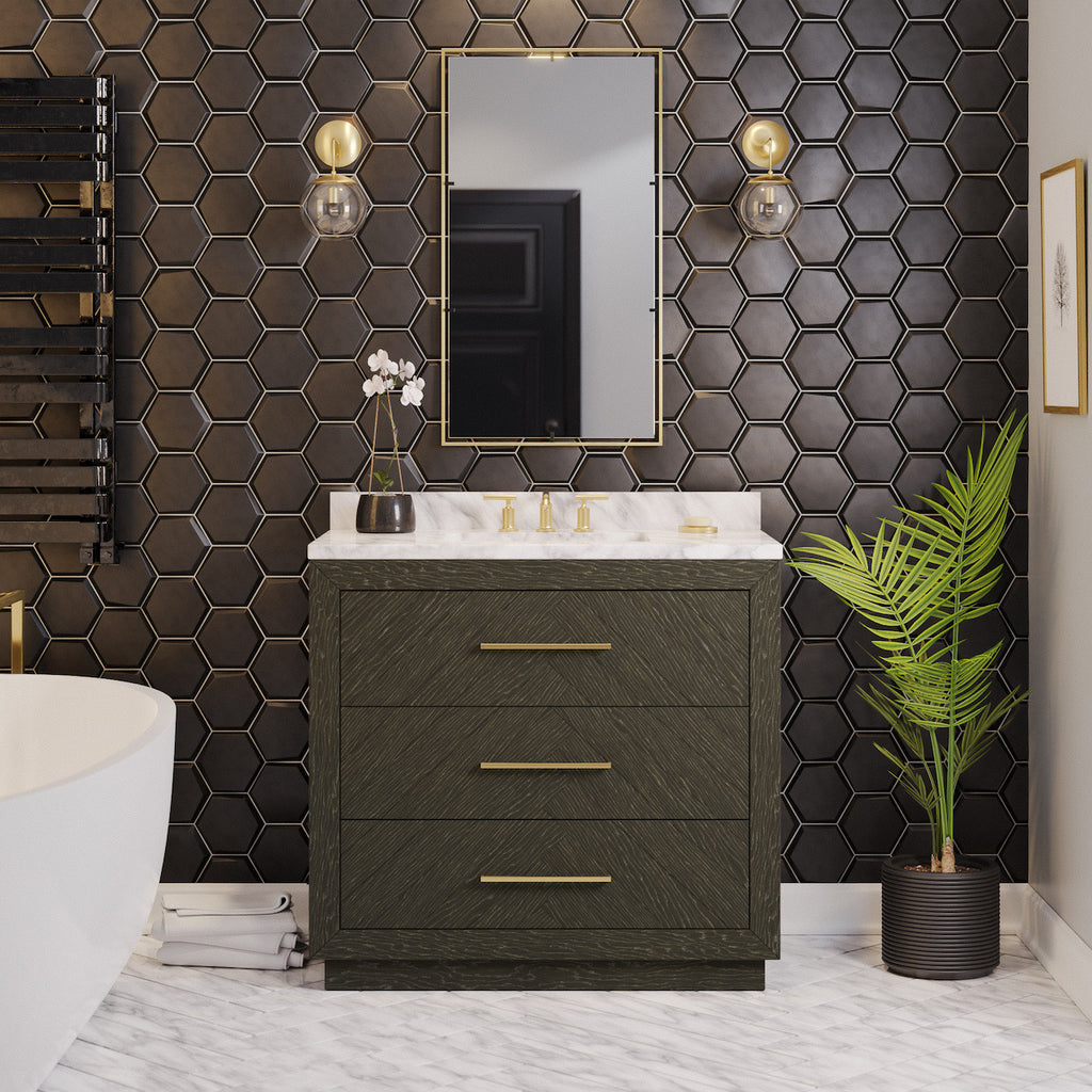 Avery 36" Modern Oak Bathroom Vanity with Sink & Carrara Marble Top ...